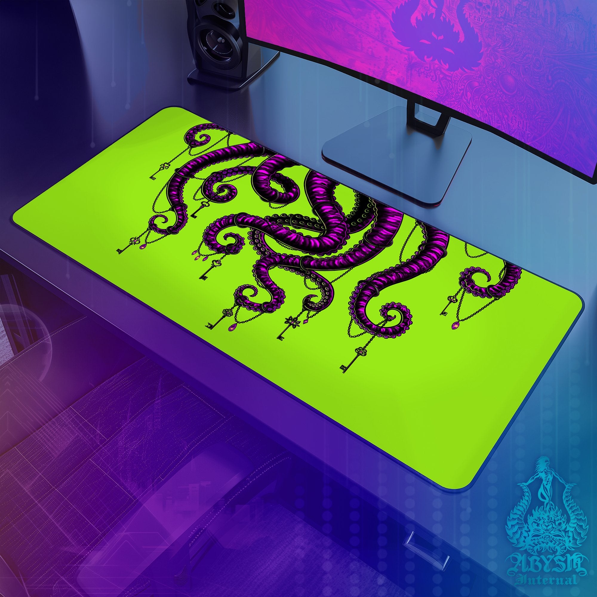 Octopus Gaming Mouse Pad, Neon Horror Desk Mat, Gamer Table Protector ...